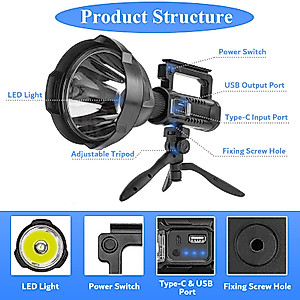Rechargeable Spotlight, 3,000,000 Lumens Led Spot Lights Outdoor Handheld Super Bright Powerful Long Range Flashlight with 4 Modes, Tripod, USB C, IPX5 Waterproof for Fishing Boating Camping