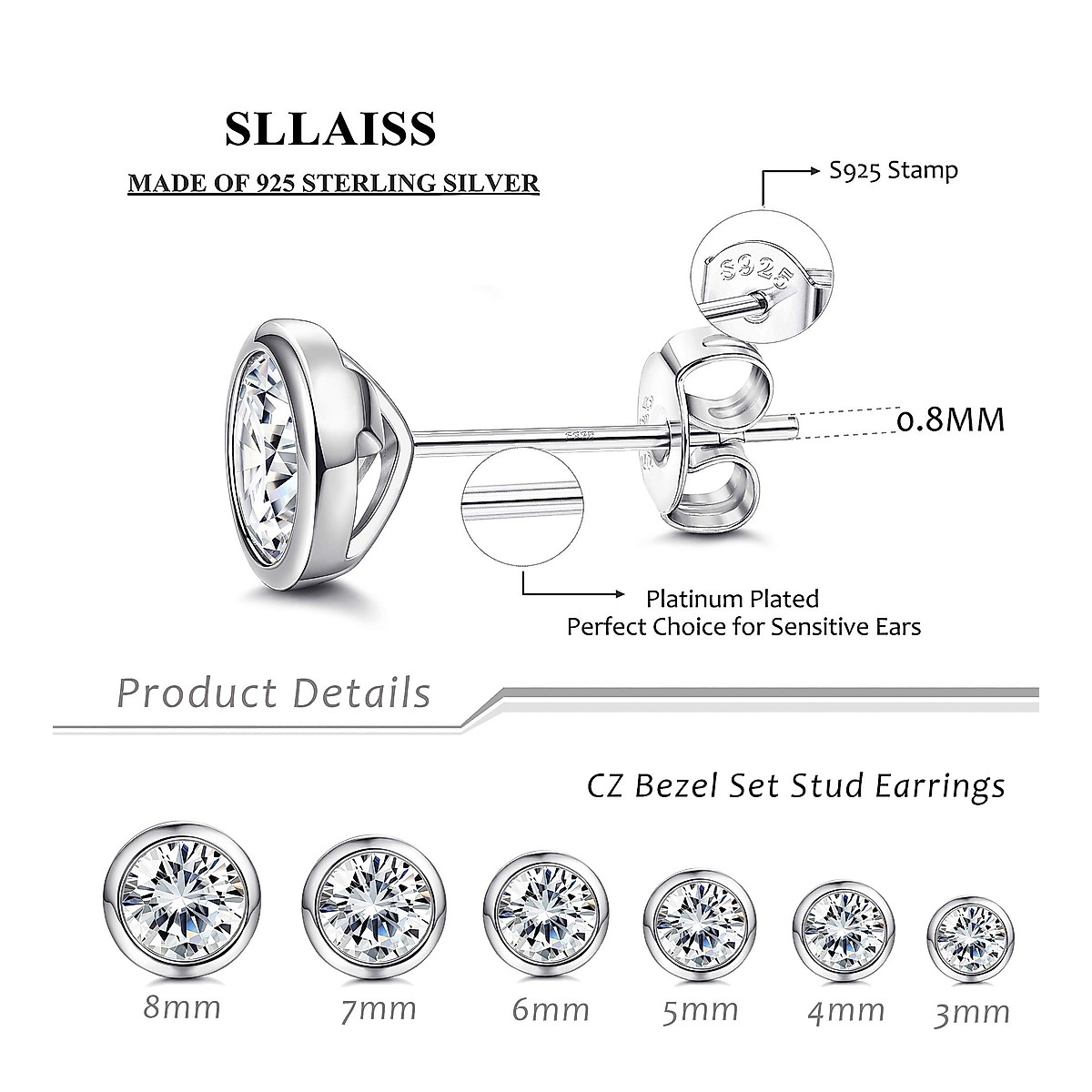 Sllaiss Sterling Silver Cubic Zirconia Bezel Set Stud Earrings Set for Women Round Cut CZ Earrings 3 Pairs Martini Stud Earrings Hypoallergenic
