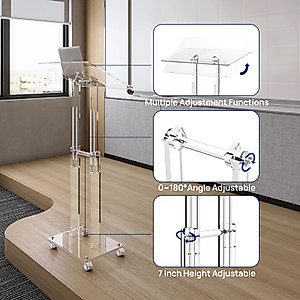 HMYHUM Acrylic Podium Stand with Lockable Wheels, Angle & Height Adjustable, Clear Rolling Podium, Mobile Lecterns & Pulpits for Classroom, Concert, Church, Speech, Multi-Purpose, Modern