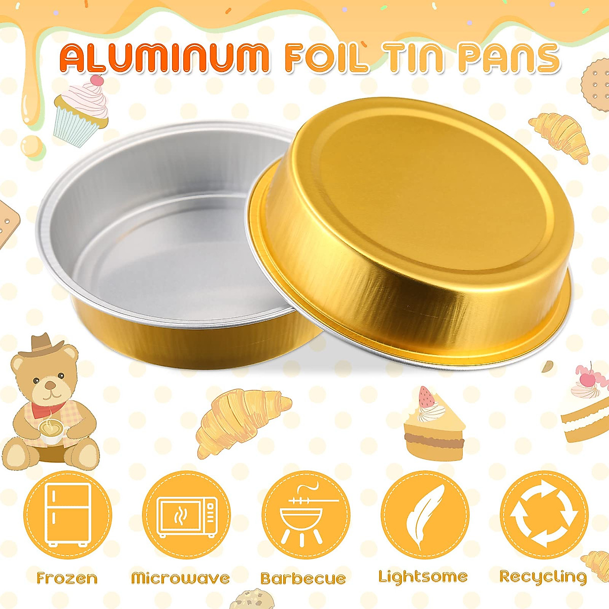 120 Pcs Disposable Ramekins with Lids, 8 oz Mini Pie Tins Mini Pie Pans 4 Inch Creme Brulee Ramekins Mini Cake Pans Aluminum Foil Pie Container Tin Tart Pans for Party Oven Baking(Gold)