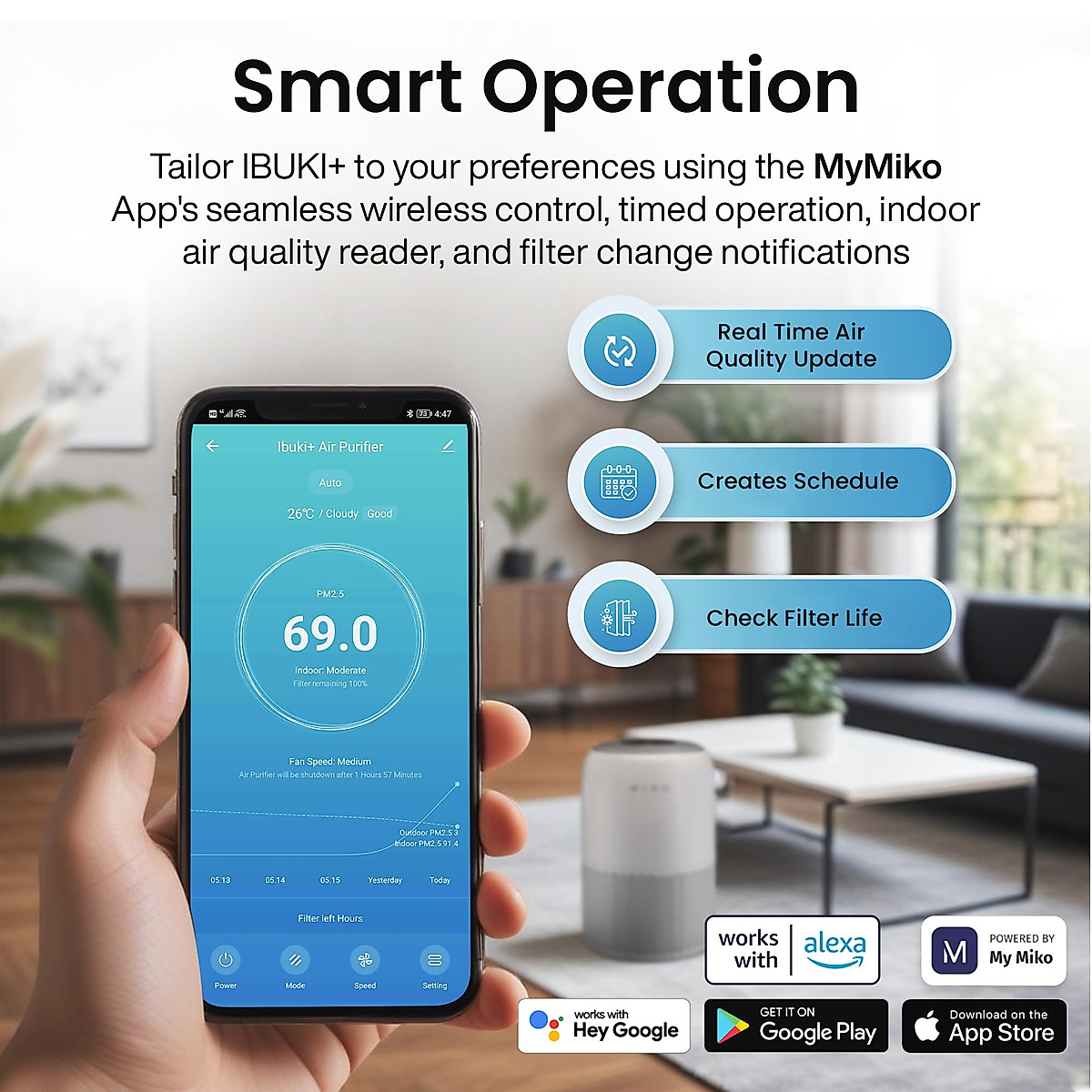 MIKO Air Purifier for Bedroom with 3-in-1 HEPA Filter & Sleep Mode, Whisper Quiet, Covers Up to 1200 ft, Smart Wi-Fi App Control - Removes Smoke, Allergens, Pets Hair, Dust, Odors, Pollutants