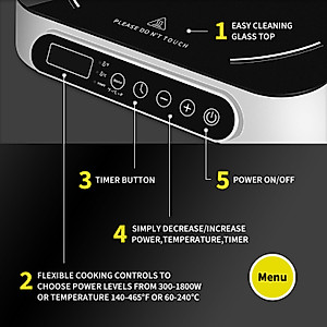 Portable Induction Countertop 1800W Cooktop 10 Power Levels Burners Electric Stove with 140-465°F Timer Settings Induction Burner Suitable and Digital Sensor for Magnetic Cookware