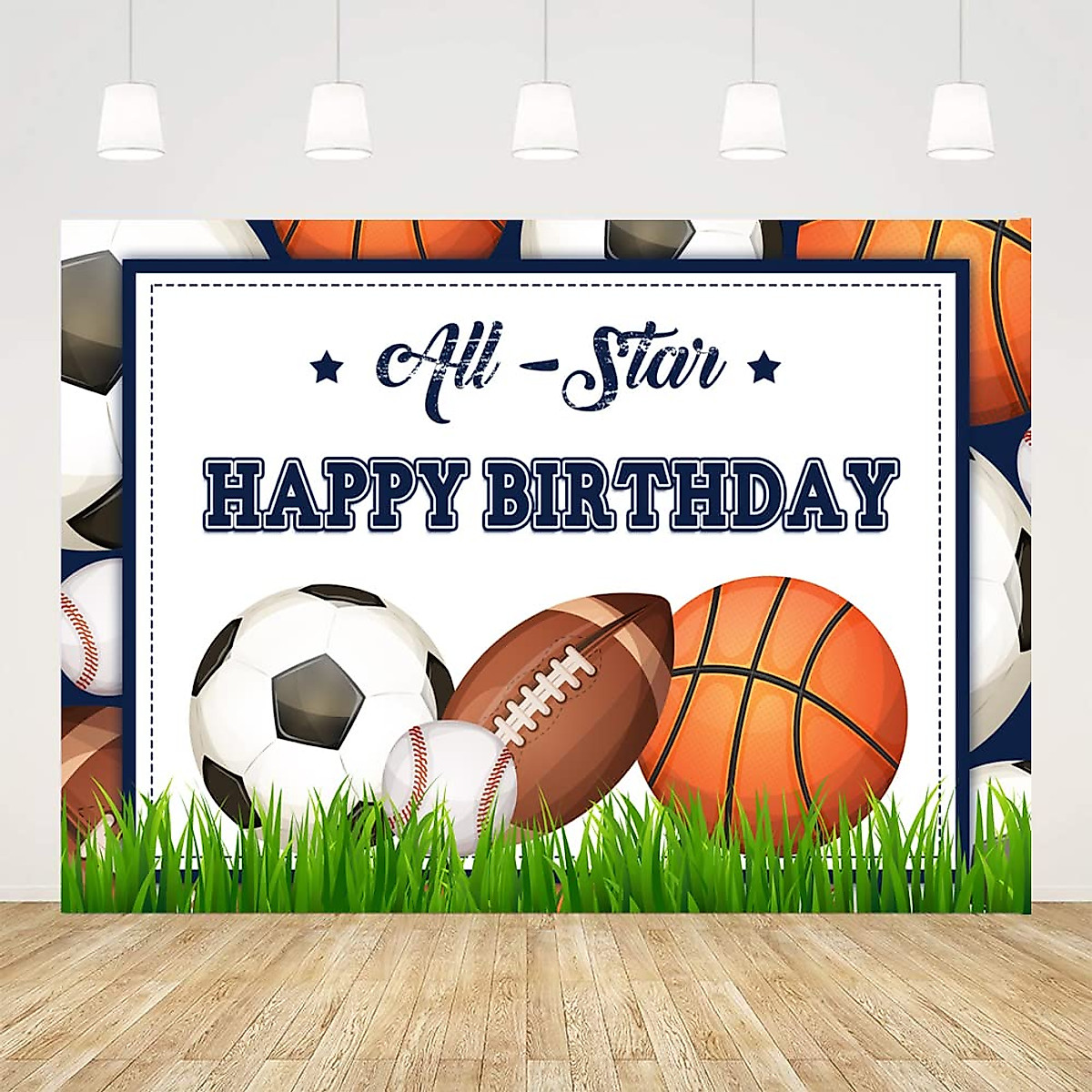 Ticuenicoa 7x5ft Ball Sports Happy Birthday Backdrop All Star Boys Football Basketball Baseball Rugby Kids Birthday Background Portrait Party Decoration Cake Table Photo Studio Booth Prop