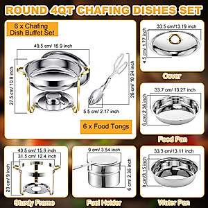 6 Pcs Chafing Dish Buffet Set with 6 Tongs, Stainless Steel Food Warmer Set, 3.7 Qt Round Buffet Server Catering Chafer Warmer with Lid for Birthday Wedding Parties, Catering, Banquets, Events