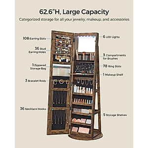 SONGMICS LED Mirror Jewelry Cabinet Standing, Lockable Jewelry Armoire with Full-Length Mirror and Adjustable LED Lights, Space-Saving Jewelry Organizer with Mirror, Gift Idea, Rustic Brown UJJC008X01