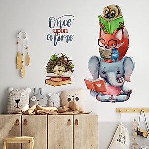 Mfault Once Upon a Time Reading Animals Wall Decals Stickers, Motivational Fox Elephant Owl Hedgehog Reading Books Nursery Decoration Classroom Bedroom Art, Kids Toddlers Study Room Library Decor