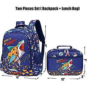Backpack for Boys Dorlubel Lightweight Shark School Backpack with Insulated Lunch Tote Preschool Kindergarten Elementary Book Bag Set With Chest Strap(Shark Wave)