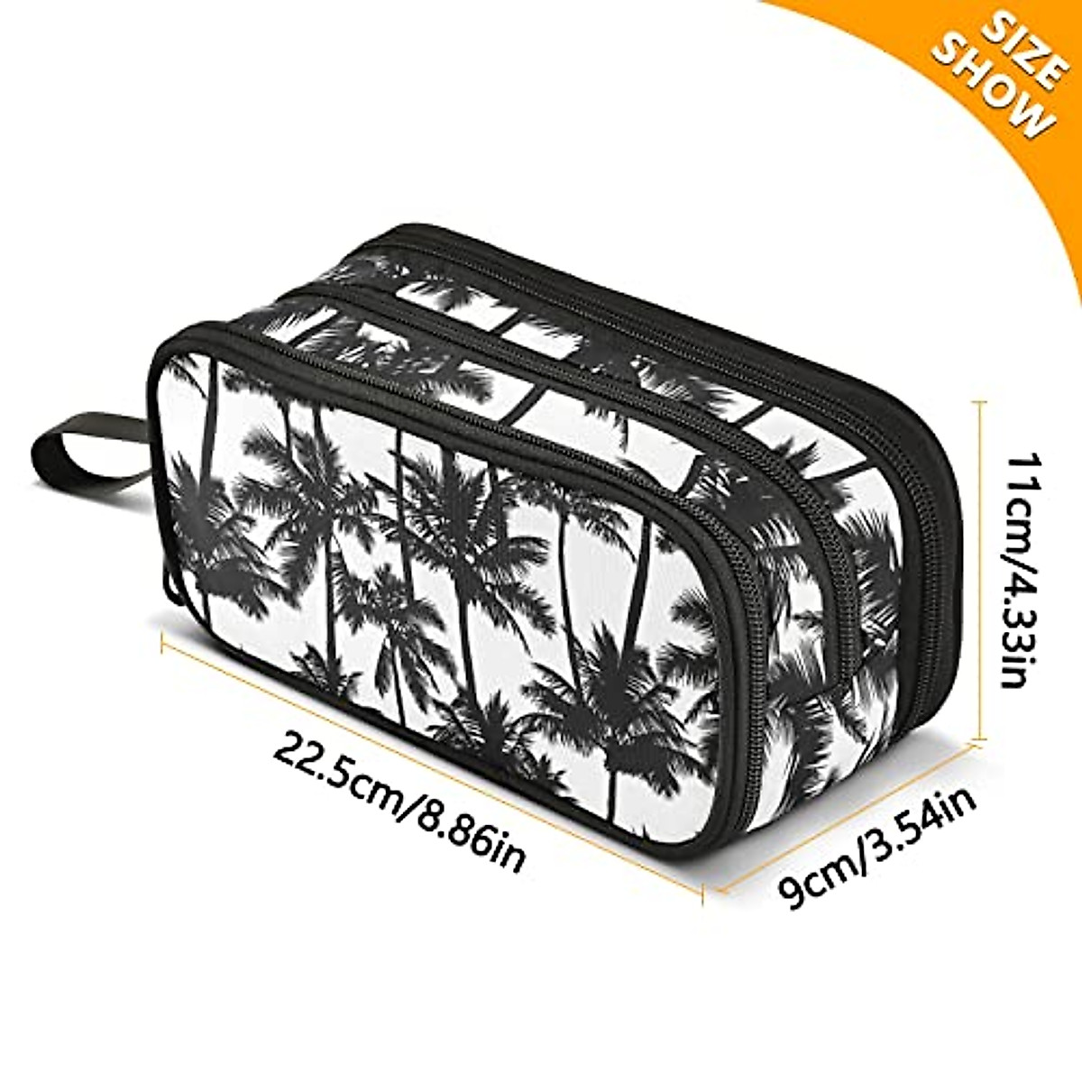 Black Palm Trees Seamless On White Pencil Case, Pen Marker Stationery Bag Holder Pencil Bag Storage Pouch for School College Zipper Pouch Case Office Portable