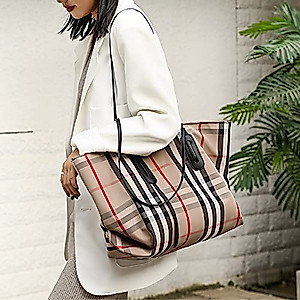 Handbags for Women, Canvas Fashion Shoulder Bag, Tote Bag Purse Top Handle Hobo Handbag,Stripes Style Large Capacity Purse Fashion Satchel with Zipper (Checkered Khaki)