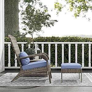 Outsunny Patio Wicker Adirondack Chair with Ottoman, Outdoor Fire Pit Chair with Cushions, High-Back, Large Seat & Armrests for Deck, Garden & Backyard, Gray