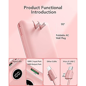 VRURC Portable Charger 20000mAh, Fast Charging Power Bank USB C,4 Output 2 Input Charging Bank Equipped with LED Display,Built-in Wall Plug and Cables,Cell Phone Replacement Battery for Smart Devices