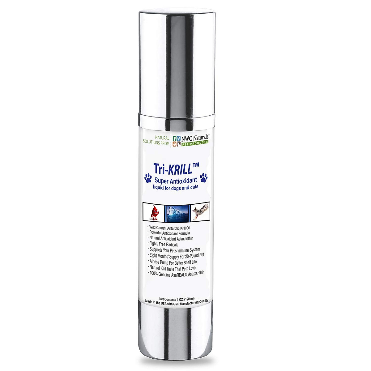 Tri-Krill Oil Supplement for Dogs and Cats, Supports Joint, Brain, Reduces Scratching and Shedding, Air-Free Pump, Pure Antarctic Krill with Astaxanthin, Omega-3, DHA, EPA by NWC Naturals