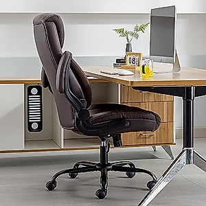 DYHOME Ergonomic Home Office Desk Chair Brown Leather Tracking Back Lumbar Support with Flip-up Adjustable Arms High Back Executive Office Chair Modern Managerial Big and Tall Home Office Chair
