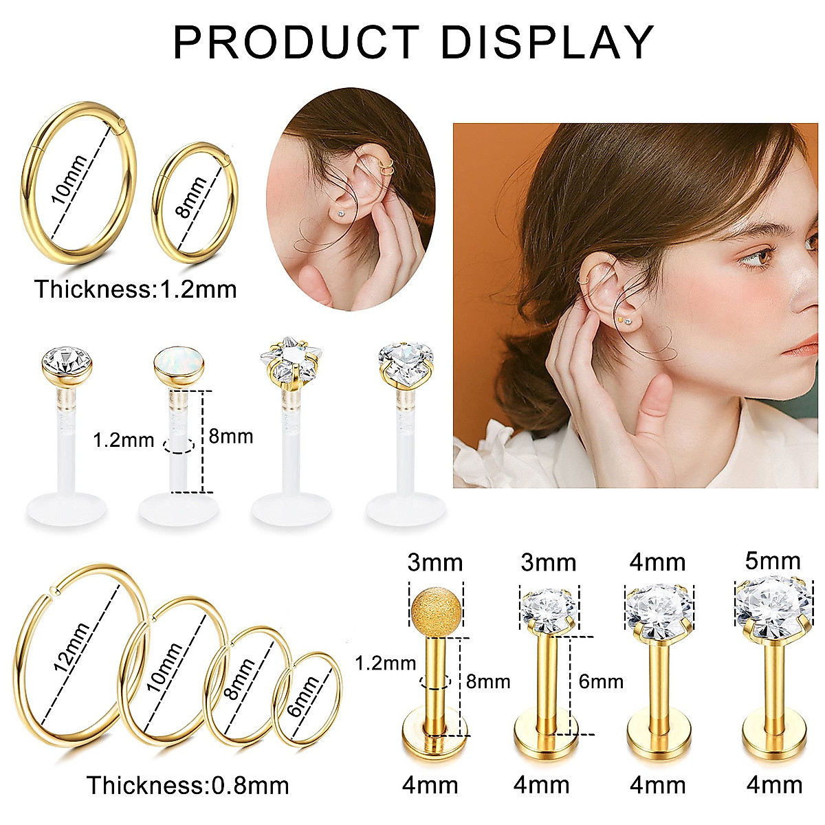 Ubjuliwa 27Pcs 16G Cartilage Earrings Stud Hoop for Women Stainless Steel Forward Helix Piercing Tragus Earrings Conch Piercing Jewelry Gold Tone