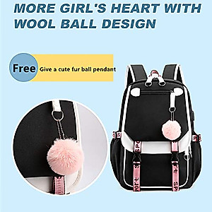 HANXIUCAO Girl Backpack 20-35L Large Capacity Oxford Cloth School Bag Outdoor Rucksackwith USB Charging and Headphone Port for Students (black and pink)