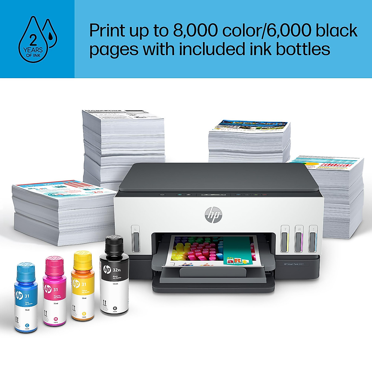 HP Smart -Tank 6001 Wireless All-in-One Cartridge-free Ink Printer, up to 2 years of ink included, mobile print, scan, copy (2H0B9A)