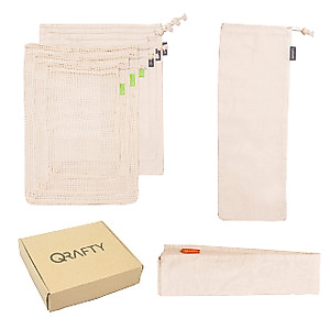 QRAFTY | Organic Cotton Produce Bags | Pack of 7 + 1 | Compact, Biodegradable, Food Safe Mesh & Muslin Bag Set | Reusable and Washable | Ultra Strong, Drawstring Bags for Grocery Shopping