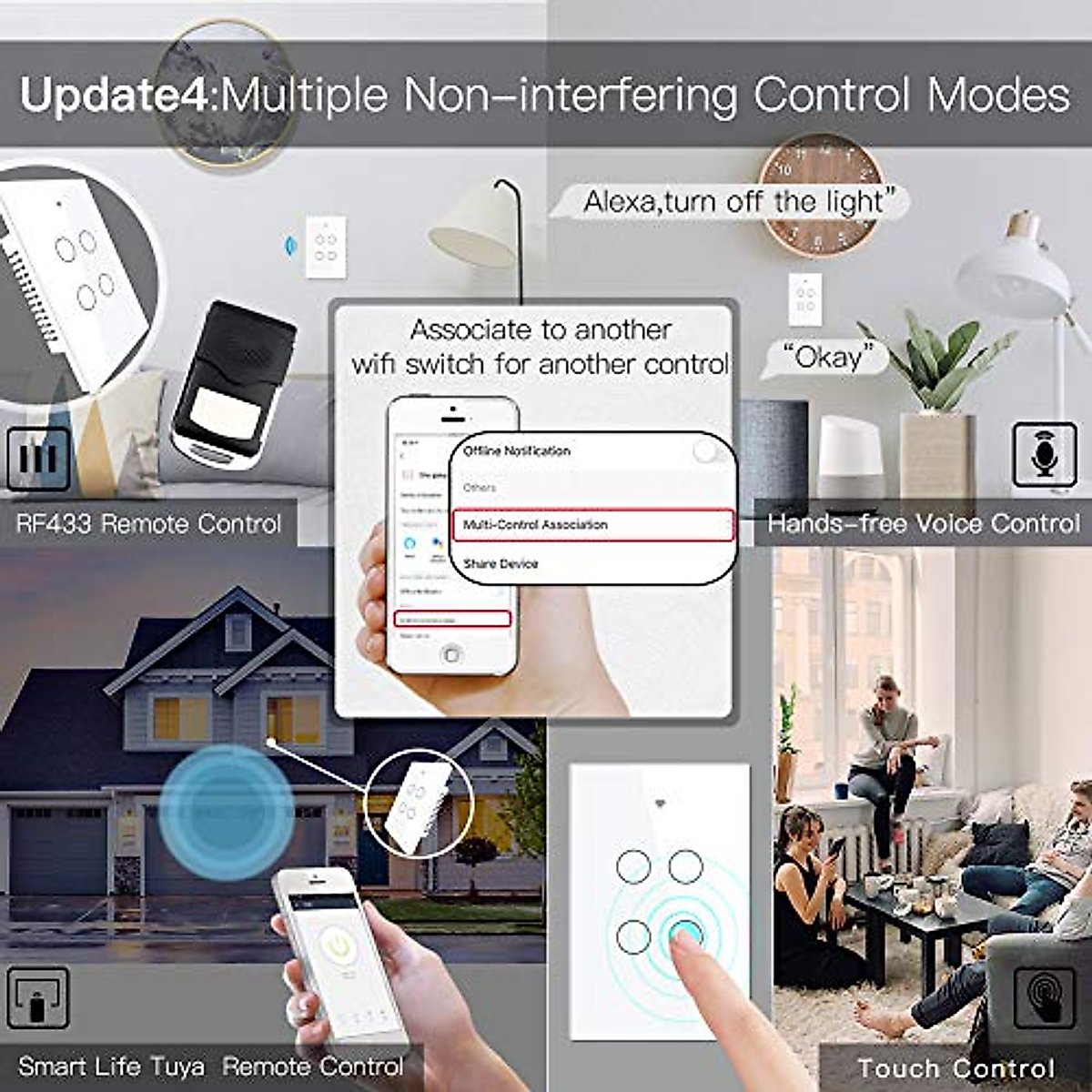 MoesGo WiFi Smart Wall Light Switch,Glass Panel, Multi-Control(3 Way), 2.4GHz Wi-Fi Touch Switches, Neutral Wire Required, Remote Control Smart Life/Tuya App, Work with Alexa, Google Home White 4 Gang