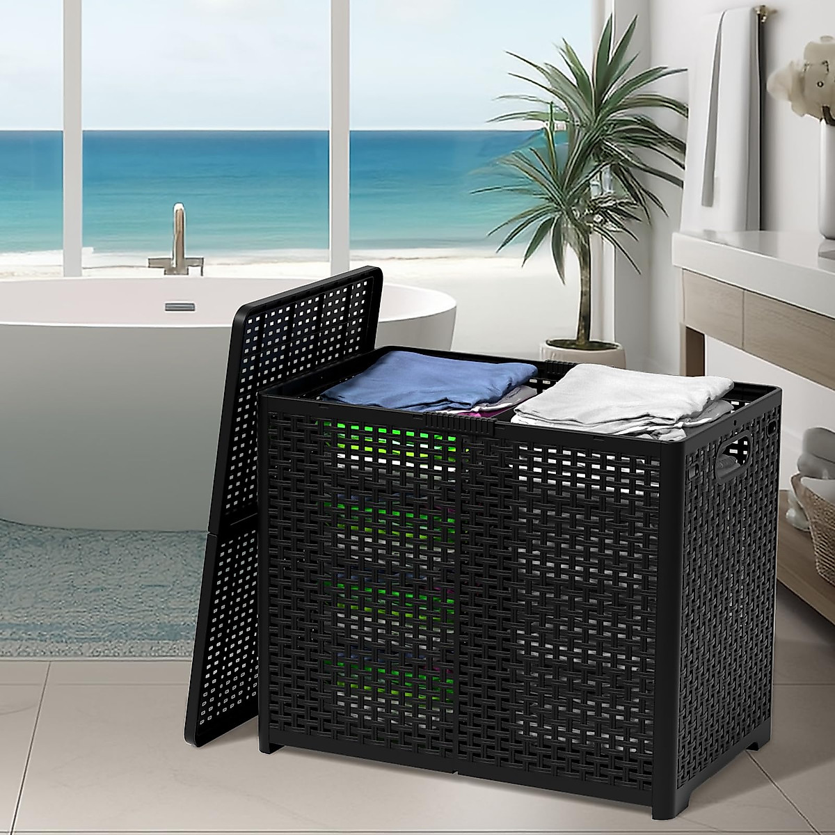 Asking 80L Collapsible 2 Section Divided Clothe Hamper, Plastic Folding Laundry Basket, Black, F