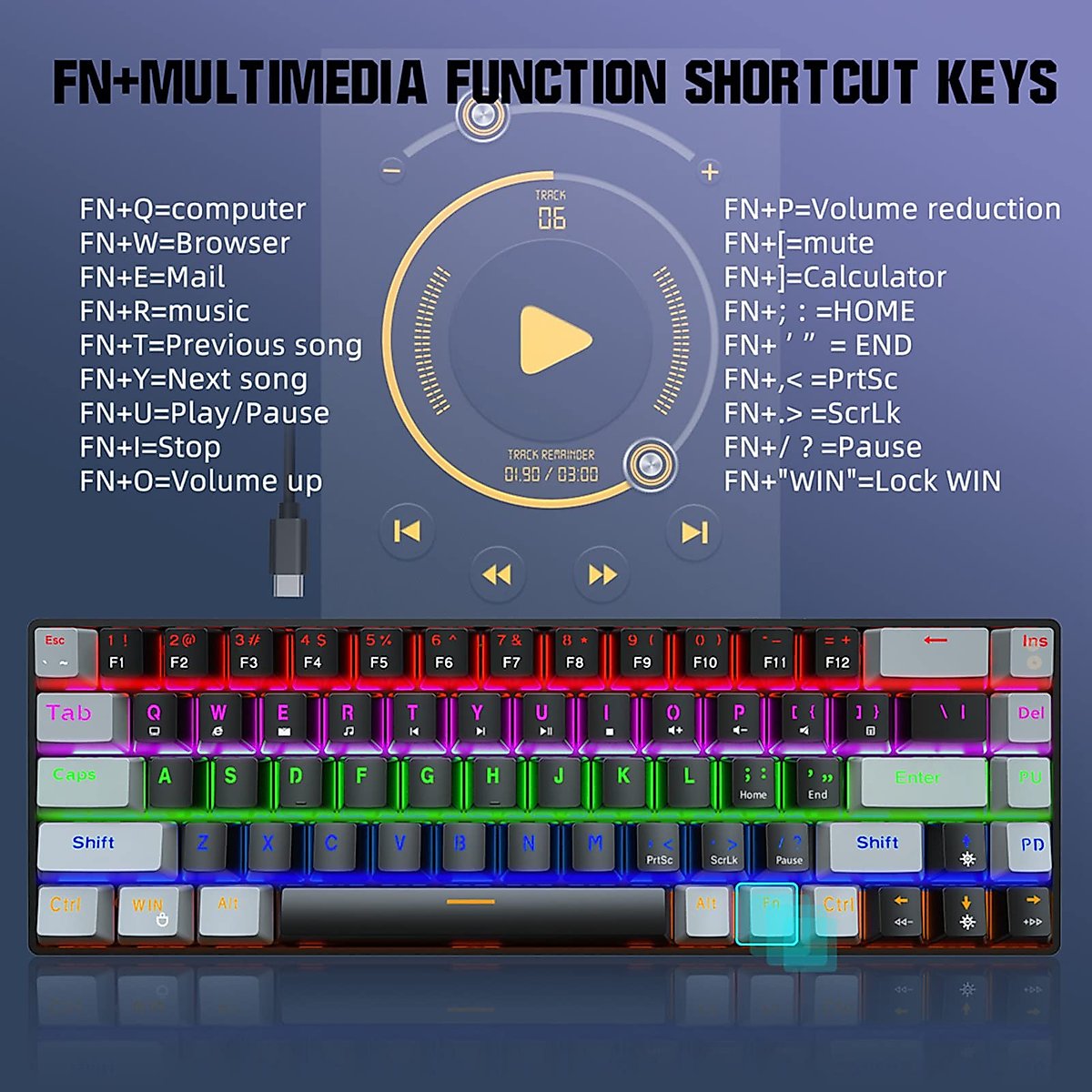 Horoper Computer Mechanical Keyboard, Mechanical Keyboard 68‑Key Red Shaft Green Shaft Dual Color RGB Backlit Gaming Mechanical Keypad (Gray)