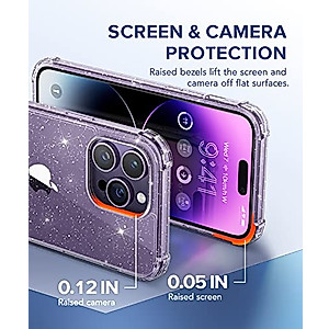BERFY for iPhone 14 Pro Case Glitter Clear, with 2X Screen Protector + 2X Camera Lens Protector, [Non-Yellowing] [Military Grade Protection] Cute Bling Shockproof Phone Case 6.1 Inch, Shiny Clear