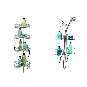 Zenna Home Tension Pole Shower Caddy, Satin Nickel & Expandable Over-The-Shower Caddy, Chrome