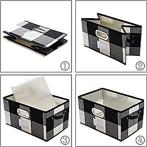 PRANDOM Fodable Storage Bins for Closet [3-pack] Decorative Fabric Storage Baskets Cubes with Leather/Metal Handles for Shelves Bedroom Living Room Black and White Grid (11.5x8.5x6.7 Inch)