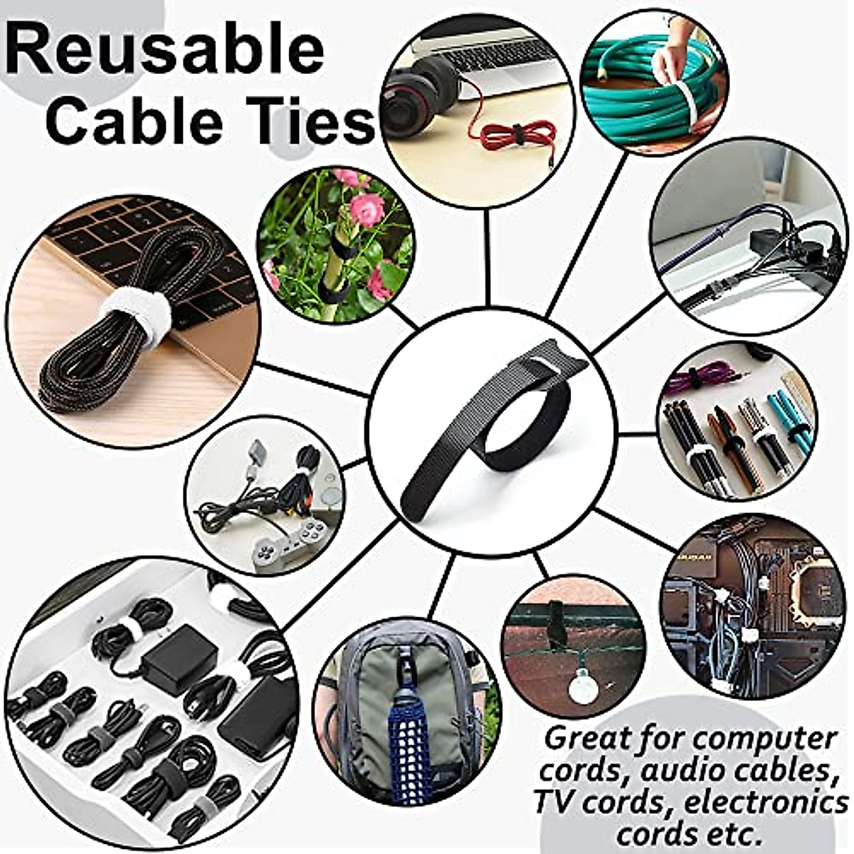 70pcs Computer Cable Ties, Wire Ties, Cord Ties Reusable for Electronics, Hook and Loop Microfiber Cable Ties Extension for Storage, Black and White, 4, 6, 8 inch