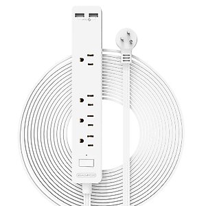 Flat Extension Cord 15 ft, NTONPOWER Ultra Thin Flat Extension Cord Under Carpet, Rug, Door, Wall Mount Power Strip Flat Plug with 4 Outlets 2 USB, Overload Protection for Home Office Indoor, White