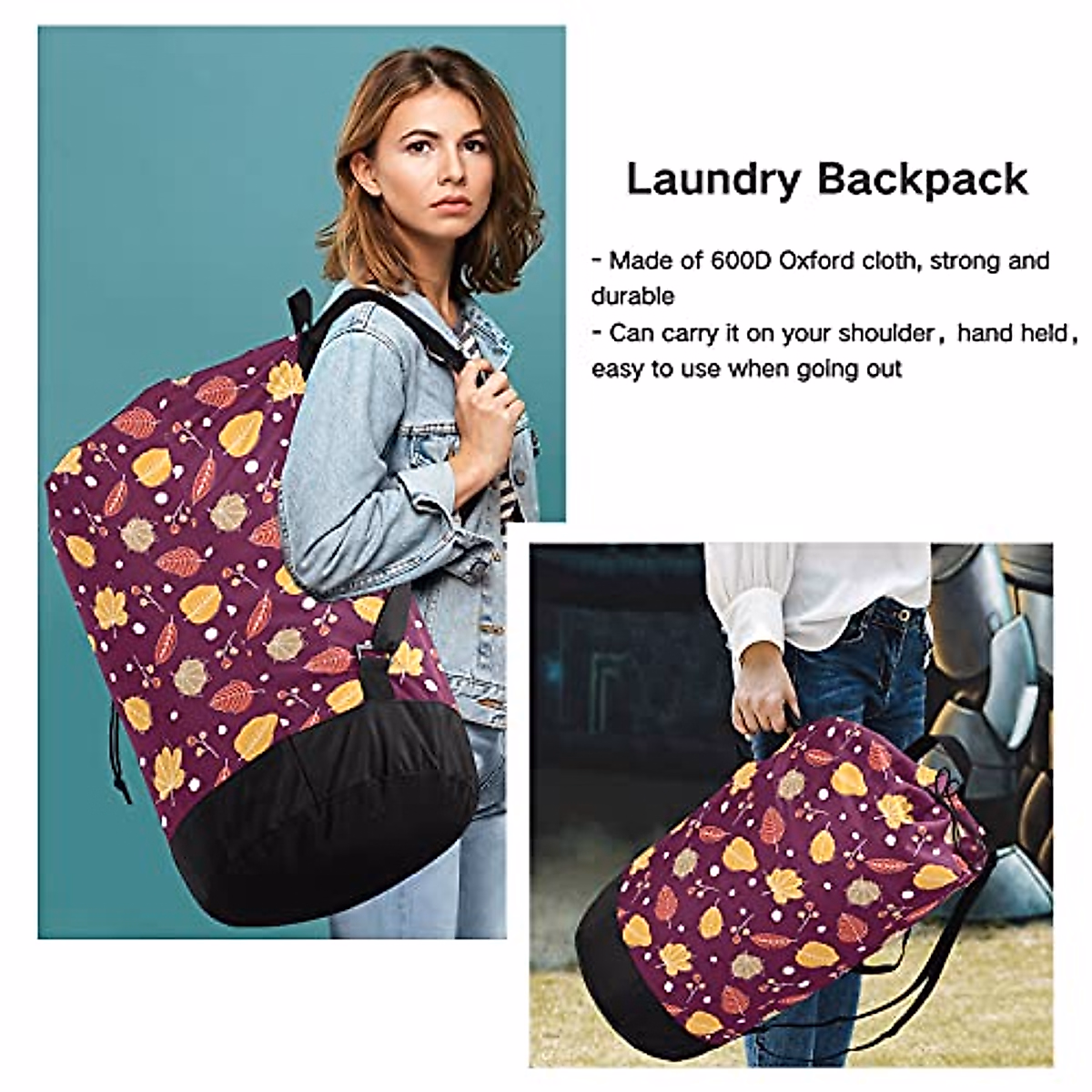 Cute Fall Thanksgiving Leaves Laundry Bag Heavy Duty Laundry Backpack with Shoulder Straps Handles Travel Laundry bag Drawstring Closure Dirty Clothes Organizer For Apartment College Dorm Laundromat