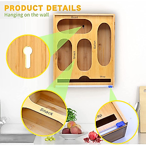 Elsqolro ZipLock Bag Organizer Dispenser for Kitchen Drawer Plastic Wrap Organizer for Drawer with Cutter Bamboo Baggie Organizer and Wrap Holder