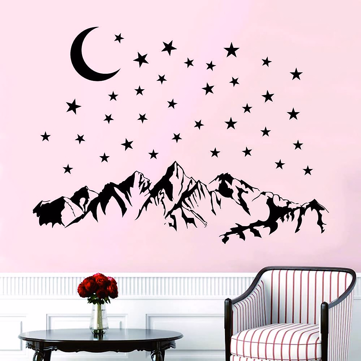 ANFRJJI Mystery Mountain Decal Hill Silhouette Art Vinyl Wall Sticker with Cute Moon and Stars Wall Art Murals for Living Room and Bedroom Effect Size : 45"x32"inch (Black-jwh316-Mountain)