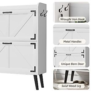 TXGDPIONEER Narrow Shoe Storage Cabinet,Hidden Shoe Cabinet with 4 Wooden Legs,31.5" W Farmhouse Style Freestanding Shoe Rack,White Shoe Cabinet with 2 Flip Drawers for Entryway,Hallways