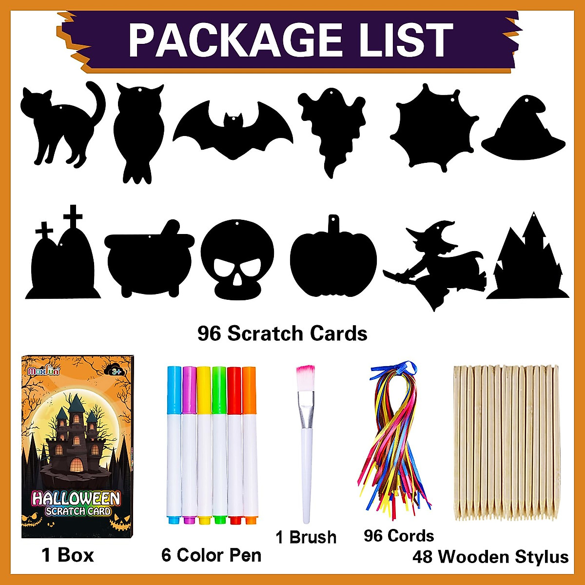 Max Fun Halloween Craft Scratch Paper Art for Kids Party Games Ornaments 96PCS Magic Rainbow Scratch Off Cards Paper Hanging Educational Toys Kit Halloween Party Supplies Birthday Gift