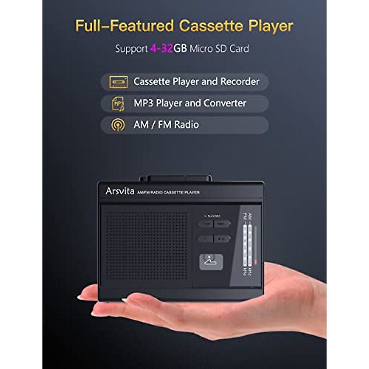 Arsvita Portable Cassette Player and Recorder, Cassette to MP3 Digital Converter, AM/FM Radio Tape Walkman, Support 4-32G Micro SD Card, Build-in Speaker and Microphone, Black