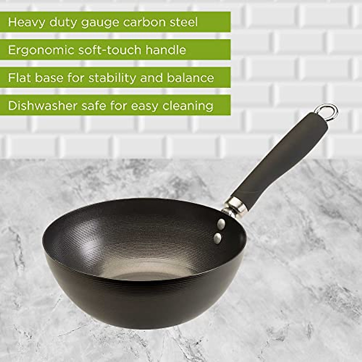 Ecolution Non-Stick Carbon Steel Wok with Soft Touch Riveted Handle, 8",Black
