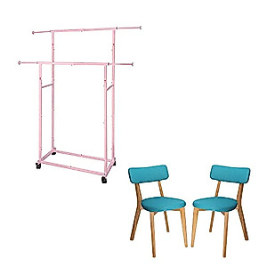 Fishat Pink Simple Double Rod Garment Rack & SAH Solid Wood Dining Chair Set of 2