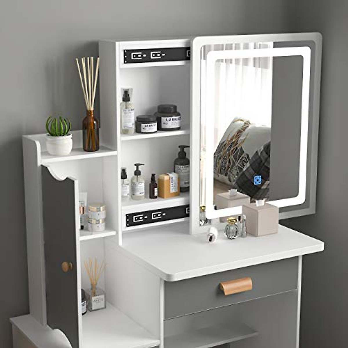 FUFU&GAGA Vanity Set Makeup Vanity Dressing Table with Sliding Lighted Mirror, 4 Drawers & Shelves, Dresser Desk and Cushioned Stool Set (White/Grey)