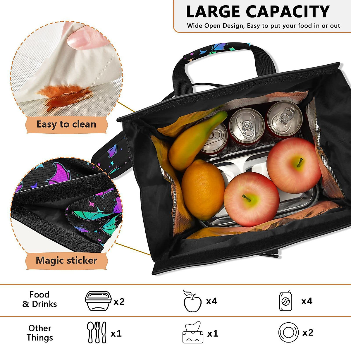 MNSRUU Insulated Lunch Bags Women Men Aldults, Halloween Luminous Bats Portable Reusable Thermal Meal Tote Cooler Bag Organizer, Adjustable Shoulder Strap, Handle