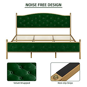 Senfot Queen Size Bed Frame Upholstered Platform Bed with Velvet and Button Tufted Headboard, Heavy Duty Metal Mattress Foundation and Wood Slats No Box Needed for Bedroom in Gold and Green