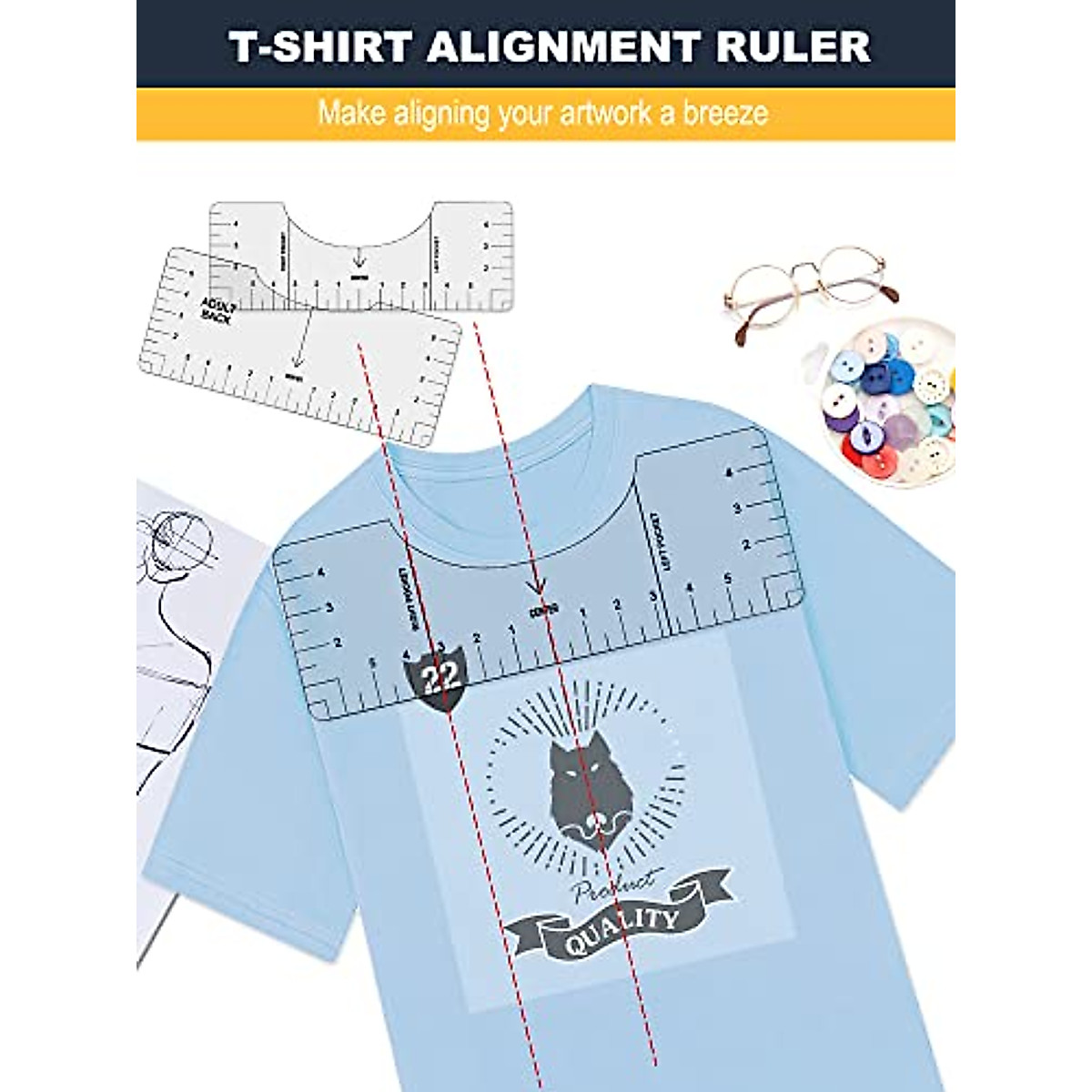 9 Pcs Tshirt Ruler Guide for Vinyl Alignment and Sublimation Blanks,Craft Sewing Supplies Accessories Tools for Heat Press HTV Heat Transfer Vinyl (Transparent)