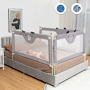 BABY JOY Bed Rail for Toddlers, 57’’ Extra Long, Height Adjustable & Folding Baby Bed Rail Guard w/Breathable Mesh & Double Safety Child Lock for Kids Twin Double Full Size Queen King Mattress (Gray)