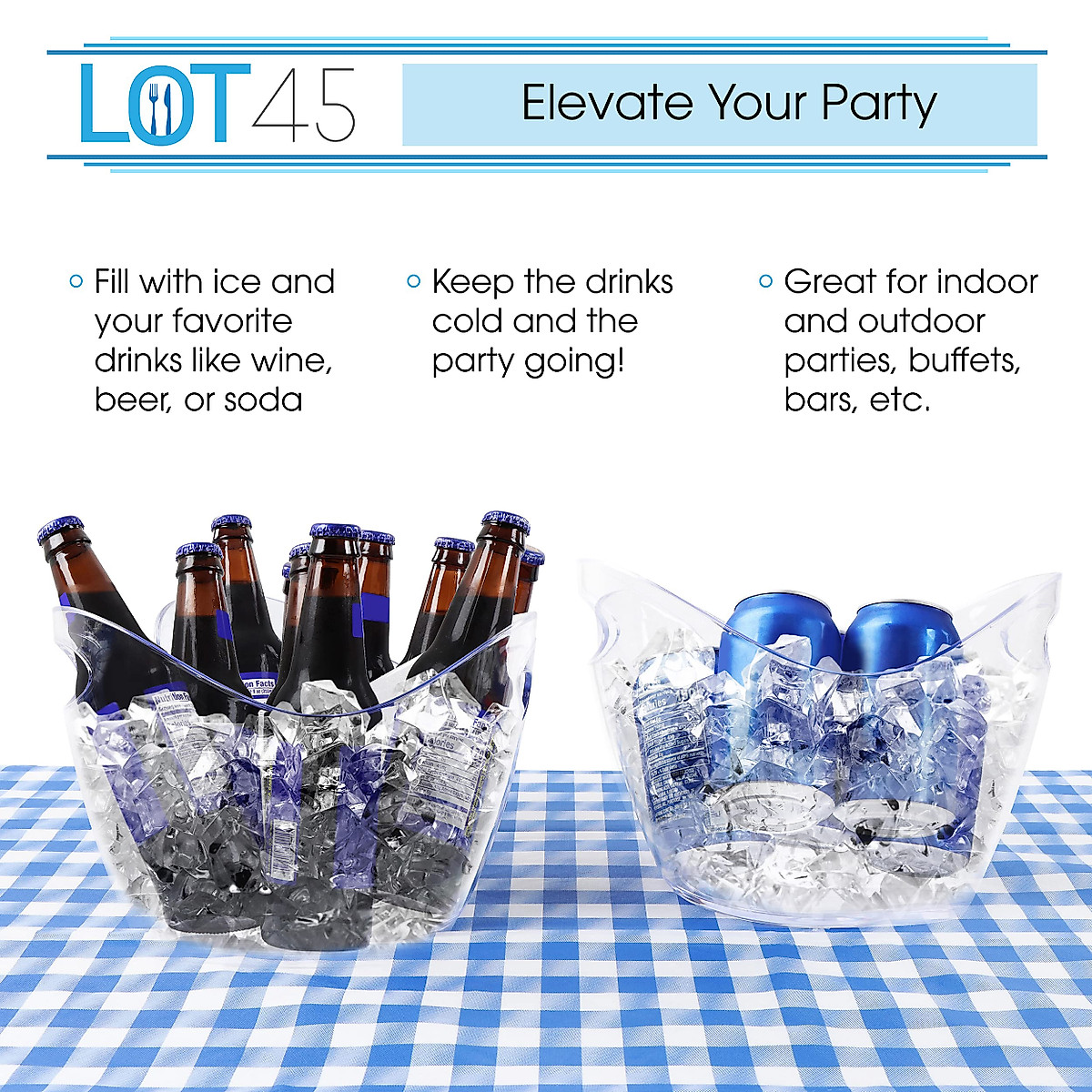 Lot45 Acrylic Beverage Bucket 2pc Set - 3.5 Liter Clear Party Beverage Tub Set - Indoor or Outdoor Bottle Drink Chiller