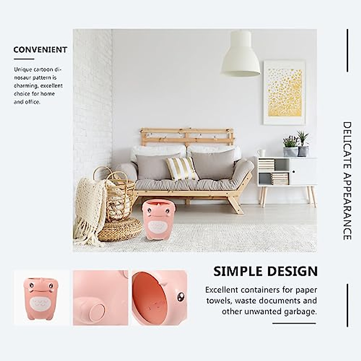 Dinos Desktop Trash Can, Plastic Wastebasket Cartoon Dinosaurs Garbage Container Bin for Bathroom, Kitchen, Home Office, Kids Room, Pink