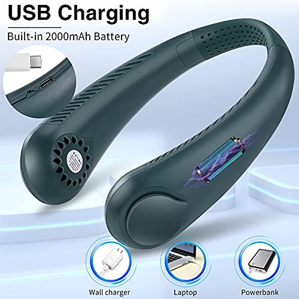 Shiyinvie Portable Neck Fan, Personal Wearable Fan Hands Free USB Rechargeable Battery 3 Speed Bladeless Fans Suitable for Office Outdoor Travel (Green)