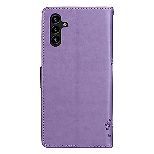 Samsung Galaxy A13 5G Wallet Case - Love Tree Cat Embossed PU Leather Flip Cover with Card Slots & Kickstand - Light Purple