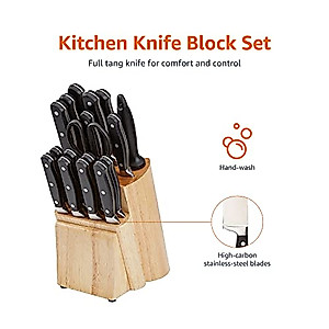 Amazon Basics 18-Piece Premium Kitchen Knife Block Set, High-Carbon Stainless Steel Blades with Pine Wood Knife Block