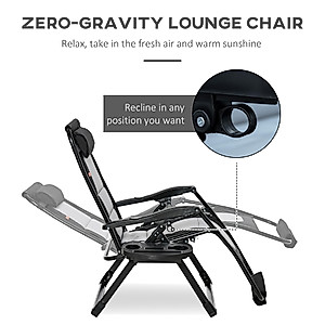 Outsunny Foldable Outdoor Lounge Chair with Footrest, Oversized Padded Zero Gravity Lounge Chair with Headrest, Side Tray, Cup Holders, Armrests for Camping, Lawn, Garden, Black
