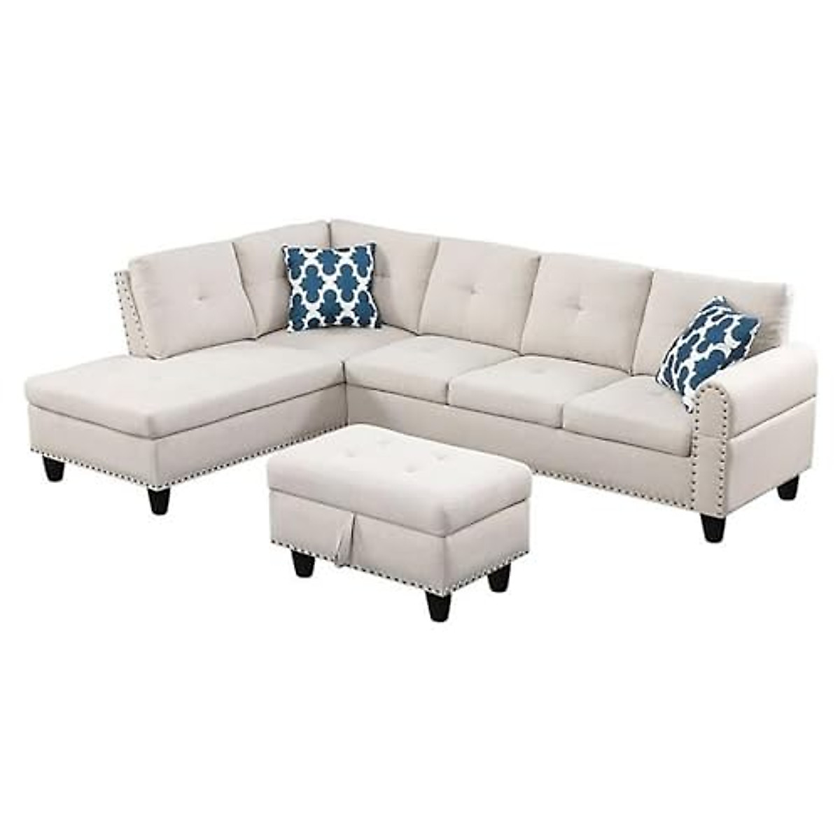 Devion Furniture Polyester Fabric Sectional Sofa with Lift-top Storage Ottoman, Tufted Design, in Beige Finish