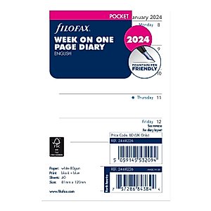 Filofax Calendar Diary Refill, Pocket Size, Week on One Page, White Paper, Unruled, English, 2024 (C68226-24)